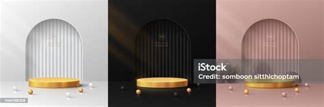 3d 황금 라운드 스탠드 연단 배경 세트입니다 블랙 실버 핑크 골드가 럭셔리 씬 최소 벽 장면 모형 제품 무대 쇼케이스 배너