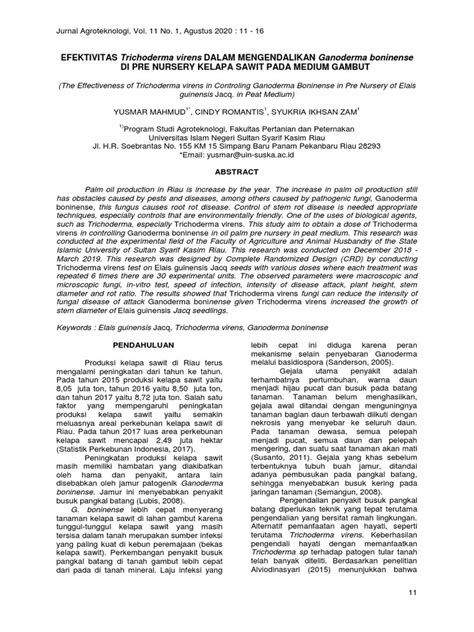 Efektivitas Trichoderma Virens Dalam Mengendalikan Ganoderma Boninense Di Pre Nursery Kelapa