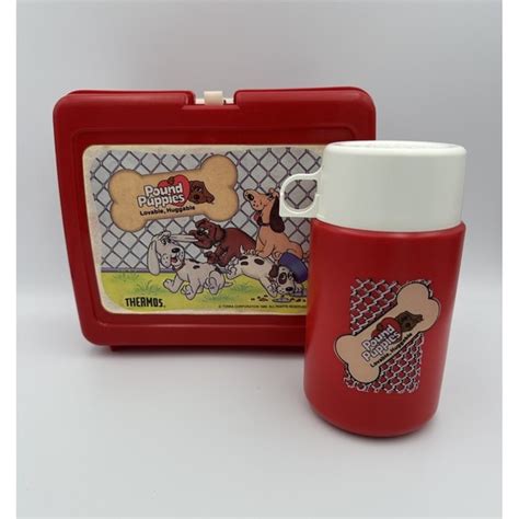 Thermos Dining Vintage Pound Puppies Red Plastic Lunch Box Thermos