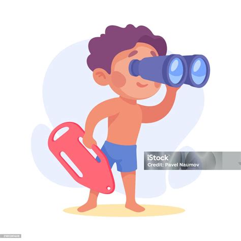 소년 바닷가 구조자 아이 직업 벡터 일러스트 레이 션으로 쌍안경을 보면 보기 정적 활동에 대한 스톡 벡터 아트 및 기타 이미지 보기 정적 활동 쌍안경 아이 Istock