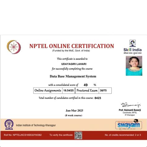 Nptel Databasemanagement Sql Learning Certification Dbms
