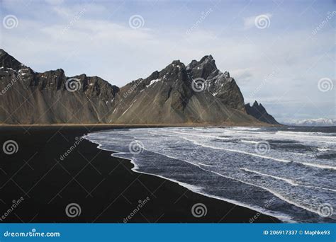 Panoramic View Of Black Sand Beach At Stokksnes With Vestrahorn