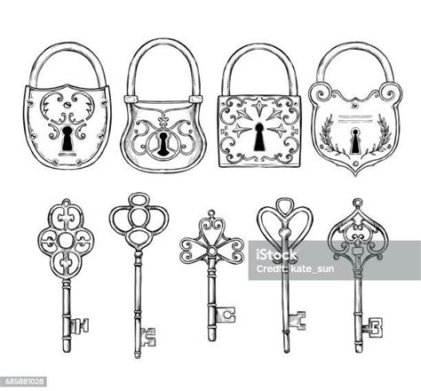 손으로 스케치 벡터 일러스트 레이 션빈티지 키와 자물쇠의 컬렉션 장식 기호 디자인 요소입니다 중세 키입니다 레트로 클립