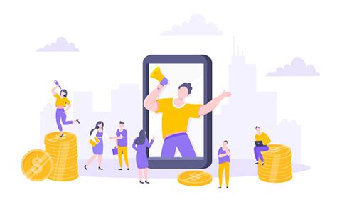 친구 플랫 스타일 디자인 벡터 일러스트 비즈니스 컨셉을 참조하십시오 메가폰을 가진 남자가 스마트폰에 서서 사람들에게 소리쳤다 개념에 대한 스톡 벡터 아트 및 기타 이미지