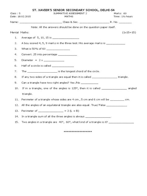 Icse Class 5 Annual Exam Model Question Paper 1 Maths Pdf Pdf
