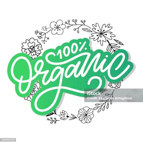 유기농 브러시 레터링 녹색 잎을 손으로 그린 단어 유기 라벨 유기농 제품에 대한 로고 템플릿 건강한 식품 시장 0명에 대한 스톡