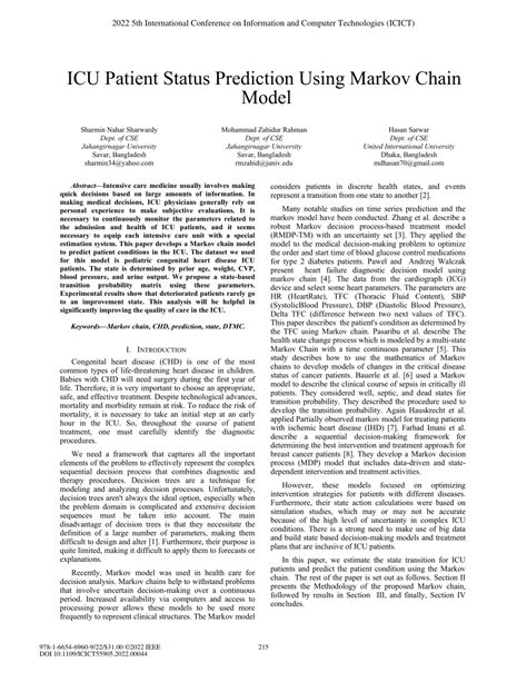Pdf Icu Patient Status Prediction Using Markov Chain Model