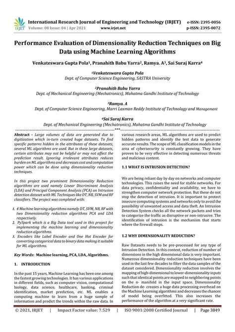 Irjet Performance Evaluation Of Dimensionality Reduction Techniques On Big Data Using Machine
