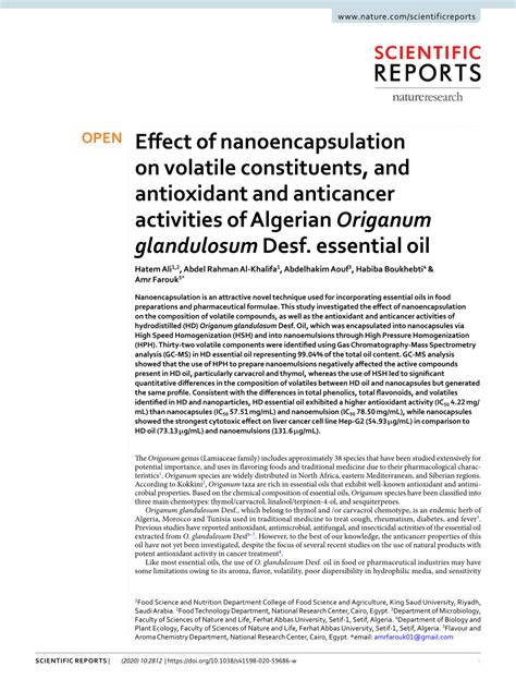 Pdf Effect Of Nanoencapsulation On Volatile Constituents And