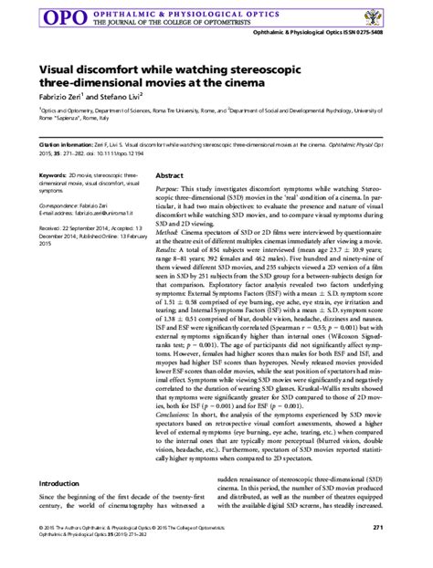 Pdf Visual Discomfort While Watching Stereoscopic Three Dimensional