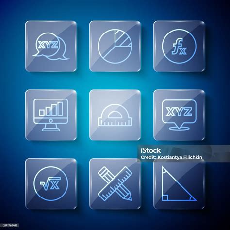 선 설정 X 글리프의 제곱근 십자형 눈금자와 연필 삼각형 수학 함수 수학 기호 각도기 그래프 차트가 있는 컴퓨터 모니터 Xyz