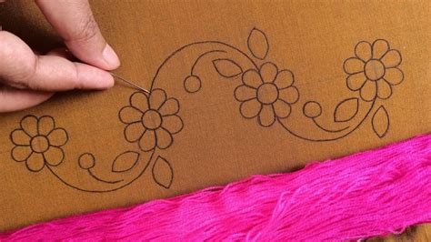 Hand Embroidery Simple Borderline Design For Dressesসুতি সুতায় হাতের