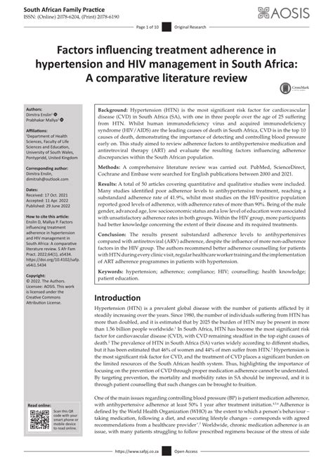 Pdf Factors Influencing Treatment Adherence In Hypertension And Hiv Management In South Africa