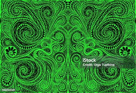 심령 밝은 트리피 다채로운 프랙탈 만다라 밝은 녹색 색상 윤곽 어두운 녹색 배경에 원래 추상 켈트 족의 대칭 샤모닉 세련된 카드 켈트양식에 대한 스톡 벡터 아트 및 기타