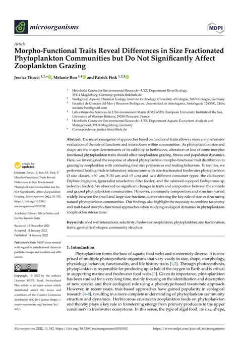 Pdf Morpho Functional Traits Reveal Differences In Size Fractionated Phytoplankton Communities