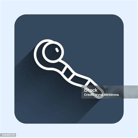 흰색 선 매직 스태프 아이콘은 긴 그림자 배경으로 분리되어 있습니다 마술 지팡이 홀 막대기 막대 파란색 사각형 버튼입니다 벡터 권장에 대한 스톡 벡터 아트 및 기타 이미지