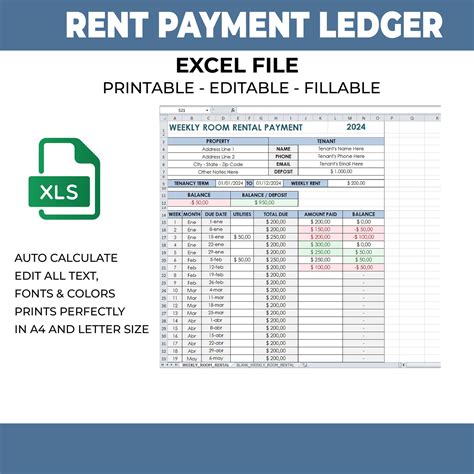 Weekly Rent Payment Ledger Spreadsheet Template Weekly Rent Payment