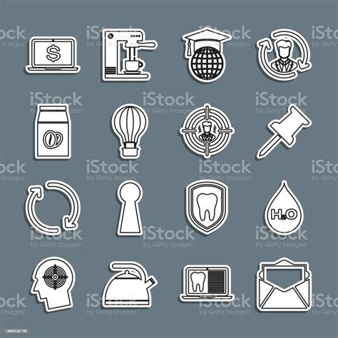 세트 라인 메일 및 전자 메일 H2o 푸시 핀 전 세계 졸업 모자 열기구 커피 콩 가방 노트북 달러 와 머리 사냥 아이콘물 벡터 가방에 대한 스톡 벡터 아트 및 기타 이미지