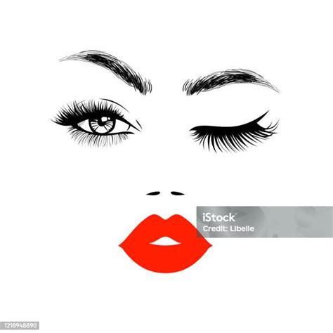 빨간 입술 눈썹과 무성한 속눈썹 하나의 열린 눈과 다른 폐쇄 뷰티 로고와 아름다운 여성의 얼굴 벡터 그림입니다 속눈썹에 대한