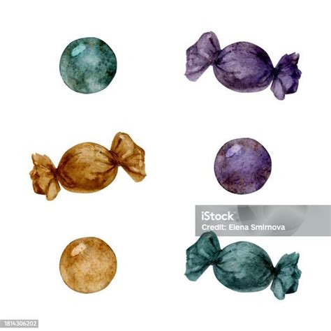 손으로 그린 수채화 마디 그라 카니발 기호입니다 사탕 달콤한 봉봉 유리 구슬 색종이 조각 금색 보라색 녹색 흰색 배경에 고립된 단일 개체입니다 파티 초대장 인쇄 상점을 위한