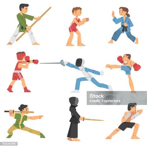 전투 스포츠 또는 싸움 스포츠 경쟁 벡터 일러스트 레이션 세트에 종사하는 사람들 캐릭터 검도 무술에 대한 스톡 벡터 아트 및 기타 이미지 검도 무술 쿵푸 킥복싱