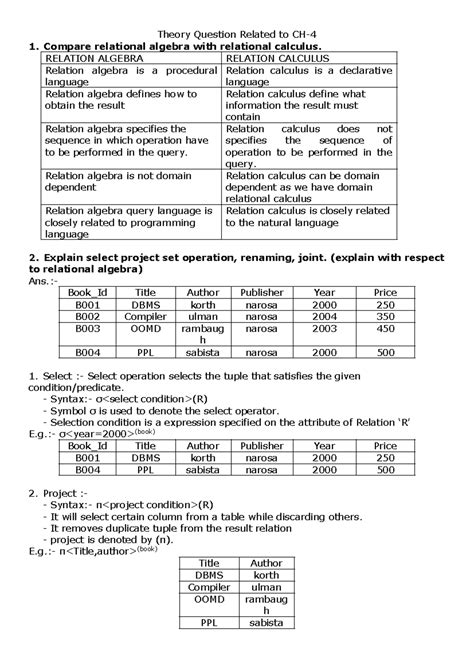 Dbms Na Theory Question Related To Ch Compare Relational Algebra With Relational Calculus