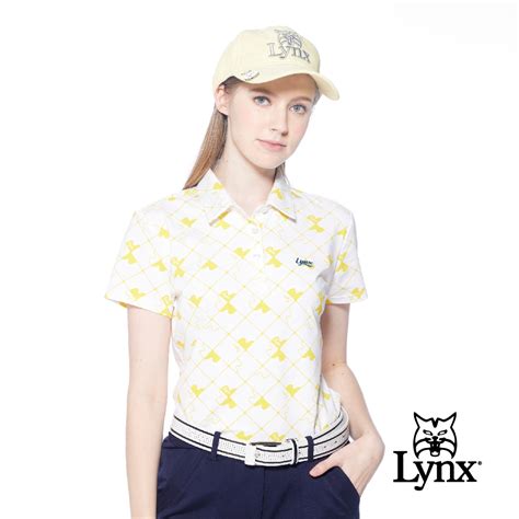 【lynx Golf】女款吸汗速乾機能菱格紋拼圖造型lynx繡花短袖polo衫 白色 Lynx Yahoo奇摩購物中心