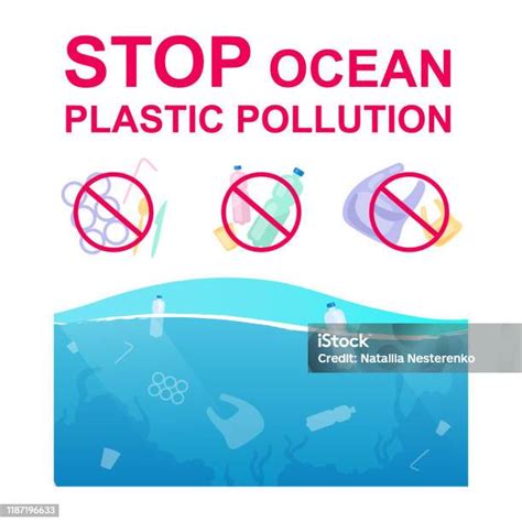 바다 평면 개념 아이콘 세트에서 플라스틱 오염을 중지합니다 자연 보호 폐기물을 줄이고 거부합니다 아니 플라스틱 스티커 클립 아트 팩 흰색 배경에 고립 된 만화 일러스트레이션
