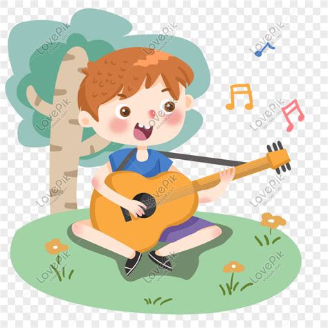 귀여운 어린 소년 나무 아래 기타를 연주 Png 일러스트 무료 다운로드 Lovepik
