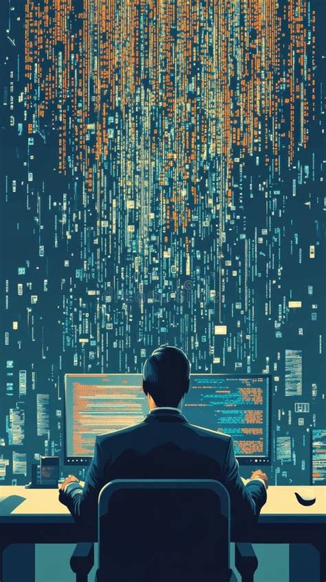 man coding at a workstation surrounded by lines of digital data