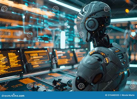 Artificial Intelligence Robot Humanoid Android That Operates Multiple Computers And Screens