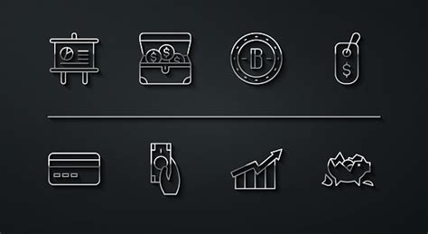 다이어그램 신용 카드 가격표 달러 금융 성장 증가 빠른 지불 보물 상자 깨진 돼지 저금통 및 비트 코인 아이콘이있는 세트 라인
