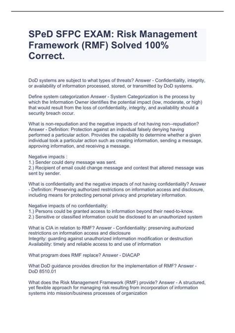 Sped Sfpc Exam Risk Management Framework Rmf Solved 100 Correct Rmf Stuvia Us