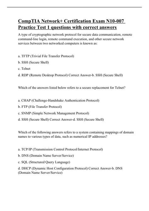Comptia Network Certification Exam N10 007 Practice Test 1 Questions With Correct Answers