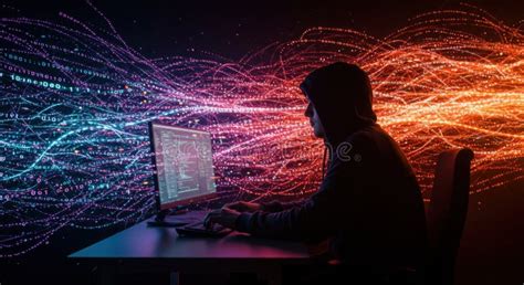 Tech Savvy Individual Engaged In Coding While Surrounded By Colorful Data Streams In A Low Light