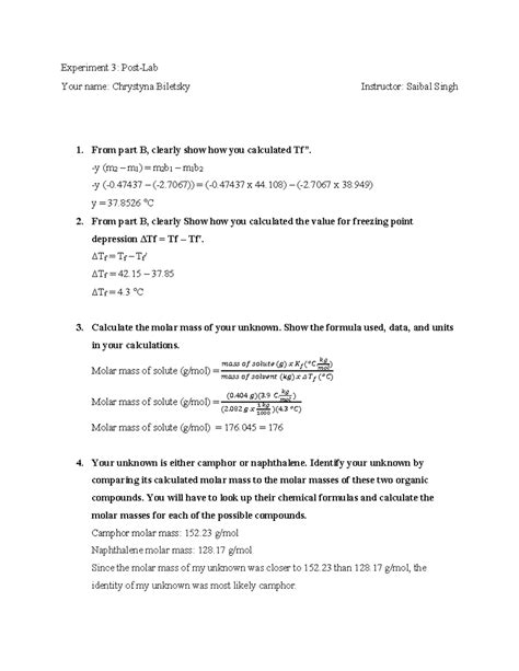 experiment 3 post lab chem 1032 lab 3 post lab questions grade 6 6