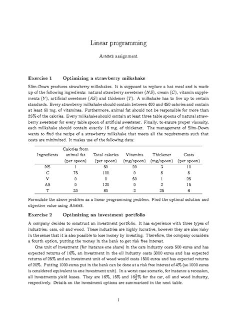 Linear Programming Assignment Computer Tutorial 2 Milkshake