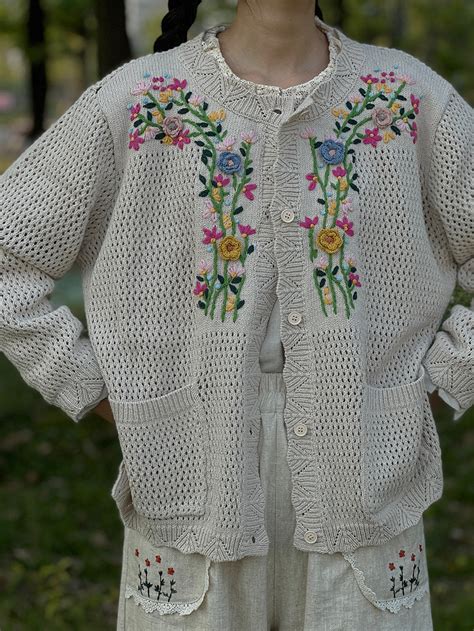 Hand Floral Embroidered Cardigan The Cottagecore