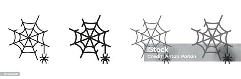거미줄 선과 실루엣 아이콘 세트 으스스한 거미줄 할로윈 장식 픽토그램 Fear Cobweb Trap With Spider On Thread Symbol Collection