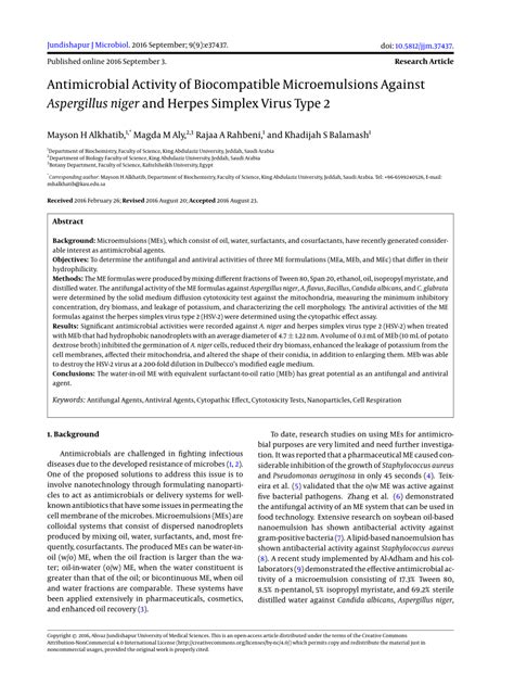 Pdf Antimicrobial Activity Of Biocompatible Microemulsions Against Aspergillus Niger And