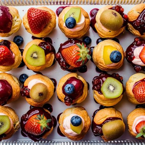 Premium Photo Tray Of Assorted Gourmet Profiteroles With Fruit Compote