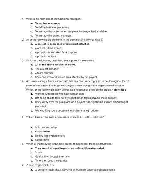 Assignment 1 Seminar Assignments 1 What Is The Main Role Of The Functional Manager A To
