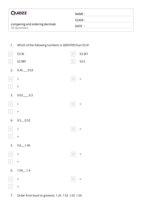 50 Ordering Decimals Worksheets For 6th Class On Quizizz Free
