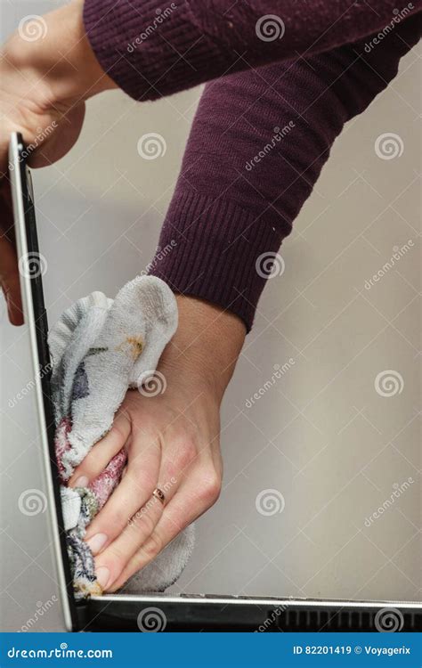 Woman Clean Screen Of Laptop Use Cloth Stock Image Image Of Wife Online 82201419