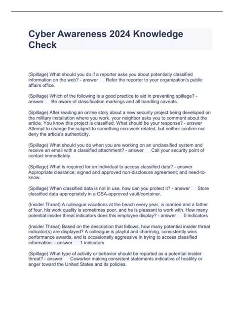 Cyber Awareness 2024 Knowledge Check Questions With Correct Answers Cyber Awareness Stuvia Us