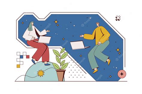 플랫 디자인의 문자 상황이 있는 열린 공간 개념 랩톱에서 작업하는 여성과 남성이 의사 소통하고 Coworking Office에서