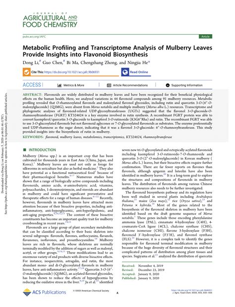 Pdf Metabolic Profiling And Transcriptome Analysis Of Mulberry Leaves Provide Insights Into