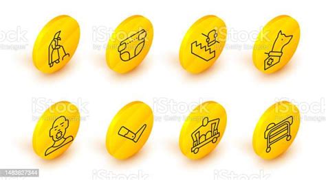 세트 라인 들것 휠체어에 앉아 있는 다리 없는 남자 보철물 귀머거리와 벙어리의 머리 안내견 장애인 엘리베이터 성인용 기저귀 및 할머니 아이콘 벡터 걷기에 대한 스톡 벡터