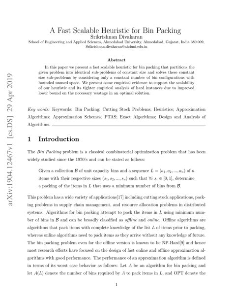 Pdf A Fast Scalable Heuristic For Bin Packing