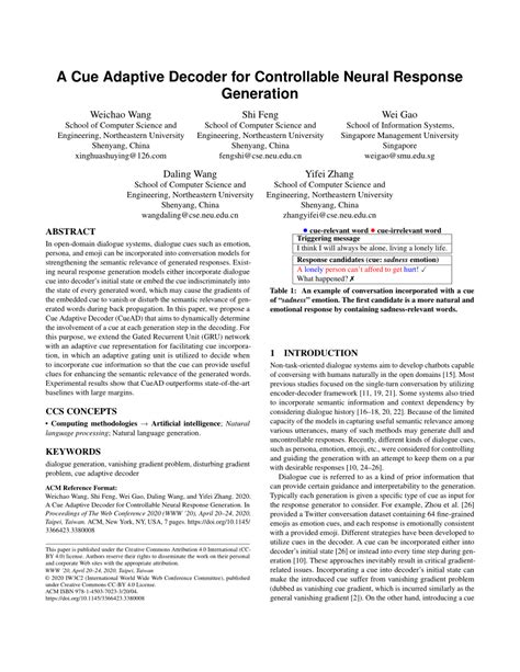 Pdf A Cue Adaptive Decoder For Controllable Neural Response Generation